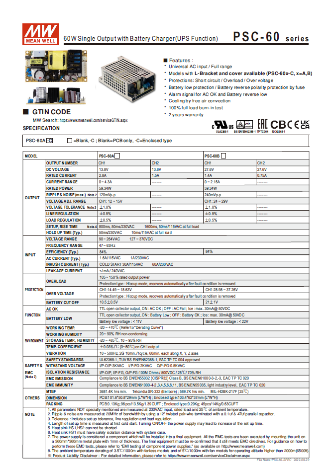 Meanwell PSC-60A-C 12Vdc 60W DC UPS. 12V DC UPS 60W.